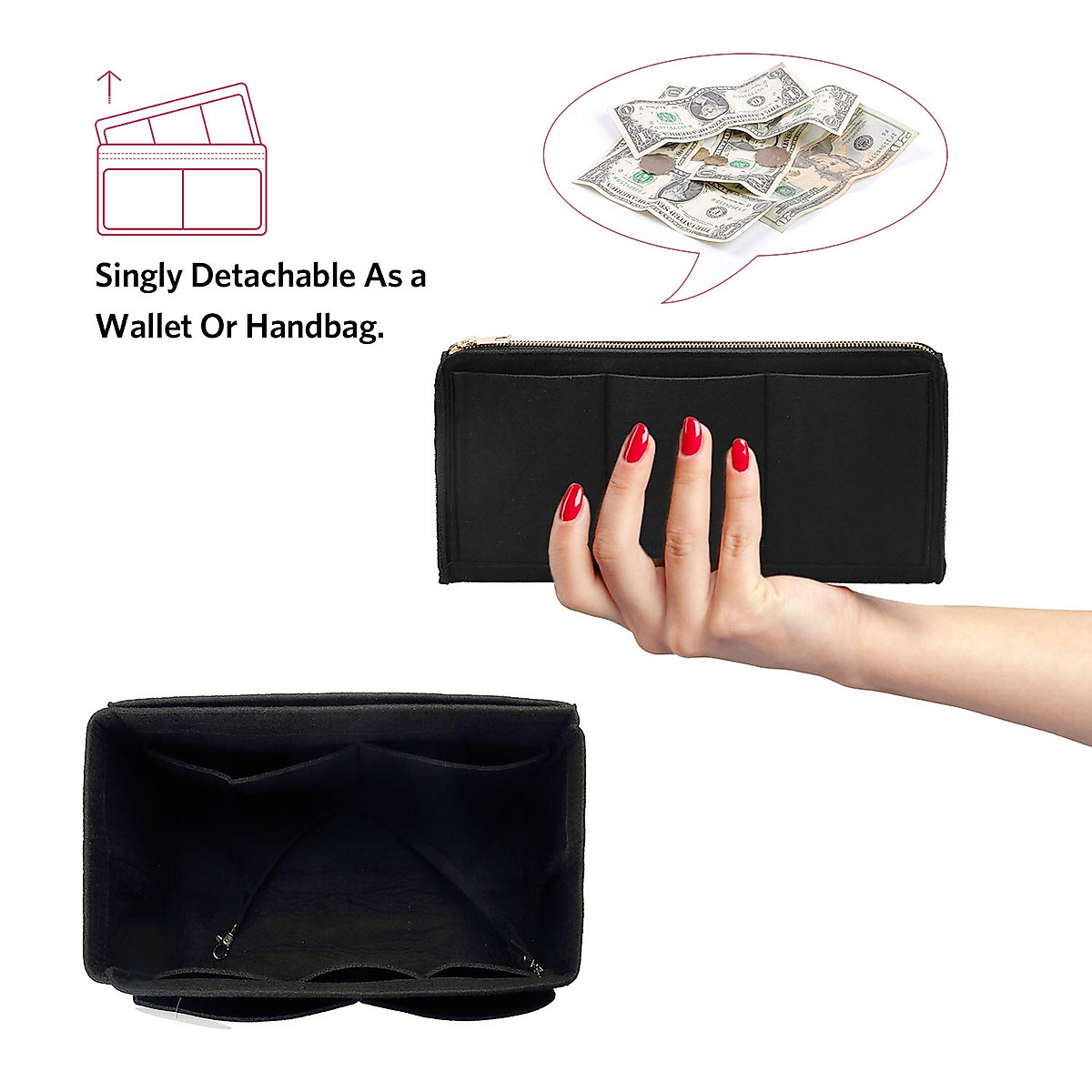 ETTP Purse Organizer Insert, Felt Tote Organizer Insert With Metal Zipper, Handbag Organizer For Speedy, Neverfull, Tote, Handbag, 7 Colors 5 Sizes (X-Large, Black)