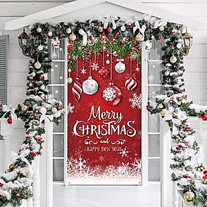 Christmas Door Cover Merry Christmas Background Banner Xmas Fabric Door Banner Photography Hanging Cover Photo Booth Props Decorations for House Door, 70.9 x 35.4 Inch (Snowflake)