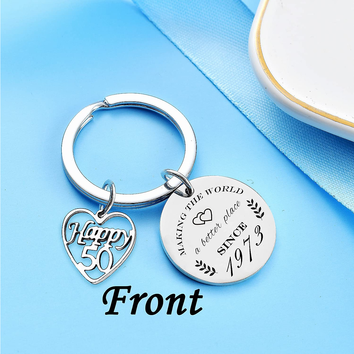Ghloyza Happy 50th Birthday Keychain Behind You Birthday Gifts Double Sides Engraved Inspirational Birthday Presents (50th)