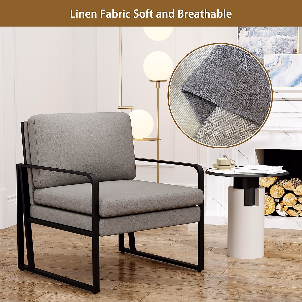 Andeworld Modern Accent Chair, Mid Century Living Room Armchair, Upholstered Linen Sofa Side Chair with Metal Legs for Reading,Lounging,Bedroom Apartment,Grey