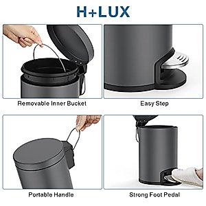 H+lux Small Trash Can with Lid, Round Garbage Can with Foot Pedal, Removable Inner Wastebasket, Anti-Fingerprint Matt Finish, 0.8Gal/3L, Grey