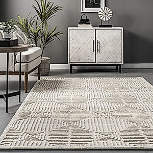 nuLOOM Joanna Hand Hooked Wool Tiled High Low Textured Area Rug, 8' x 10', Ivory