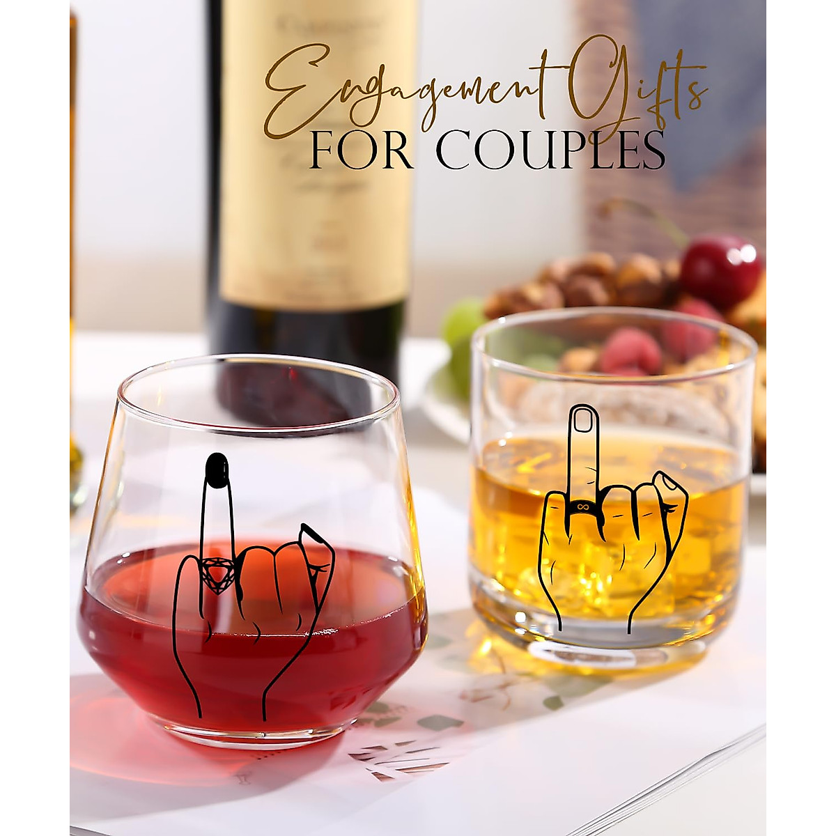 comfit Wedding Gifts for Couples, Ring Finger Wine&Whiskey Glass Set, Funny Engagement Gifts for Couple, Bride and Groom Just Married Gift, Mr and Mrs Newlyweds Bridal Shower Gifts