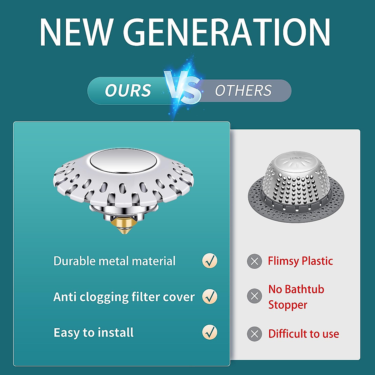 Universal Tub Stopper Bathtub Drain Plug, Pop Up Drain Hair Catcher Copper Dual Filtration, Replaces Bath Tub Lift & Turn, Tip-Toe & Trip Lever, 2 in 1 Strainer Cover for 1.45 to 1.85" Drain Hole