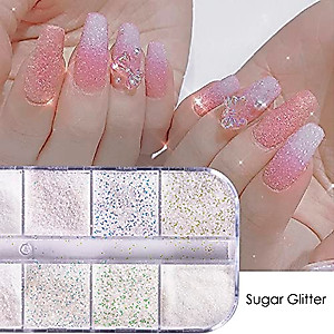 White Sugar Nail Glitter Powder for Christmas Snowflake Nails Design, Sandy Pigment Shiny 3D Candy Nail Art Sequins Winter Manicure Decorations Accessories.