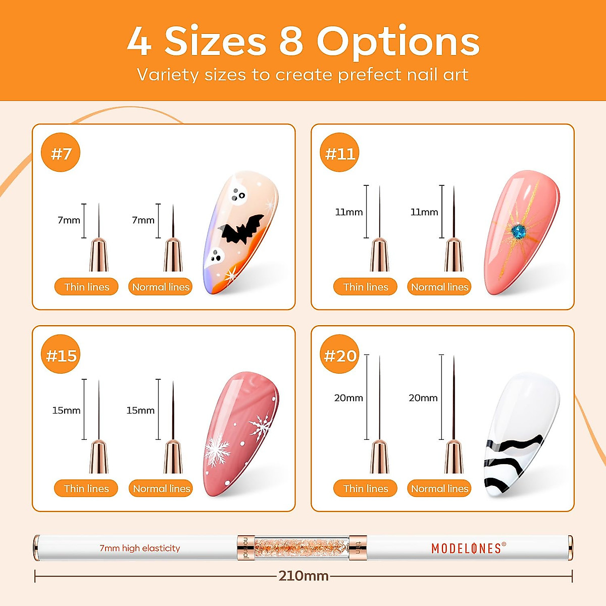 modelones Nail Art Brushes, Super Fine Liner Nail Brush Kit Sizes 7/11/15/20mm for Gel Polish Thin Lines, Precise Details, Fine Drawing Painting Design Acrylic Rhinestone Handle Salon & DIY Use