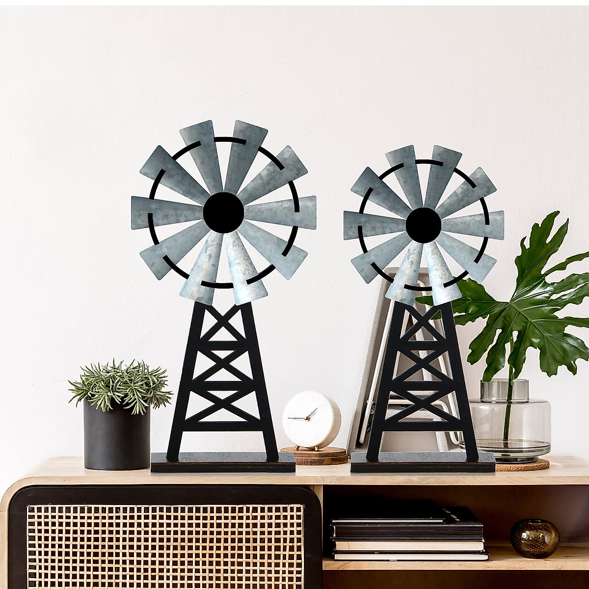 Set of 2 Wooden Farmhouse Windmill Table Top Decor Wood Small Distressed Windmill Table Decor Black Grey Rustic Windmill Themed Table Decor for Kitchen Garden Home Decor