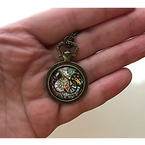 Steampunk Necklace | Colorful Gear Image Cabochon Pocket Watch Pendant Setting - Handmade Jewelry