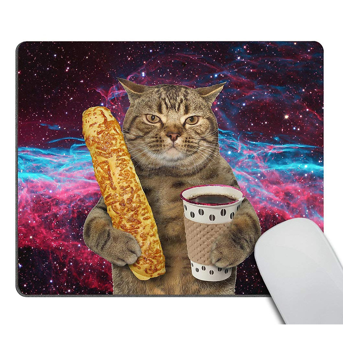 Smooffly Funny cat Mousepad,The Cat is Holding a Cup of Black Coffee and a Baguette with Galaxy Design Customized Rectangle Non-Slip Rubber Mousepad Gaming Mouse Pad