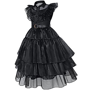 Wednesday Addams Dress Up Costume for Girls Birthday Halloween Cosplay Party with Wig Socks Belts 10-11 Years (150cm)