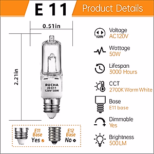RUCHA E11 Halogen Buld, JDE11 120V 50W Dimmable Halogen Light bulds(Replacement E11 LED Buld), T4 Mini Candelabra Base, for Chandeliers, Candelabra,Ceiling Fan, Table Lamps, Cabinet Lighting, 4 Pack
