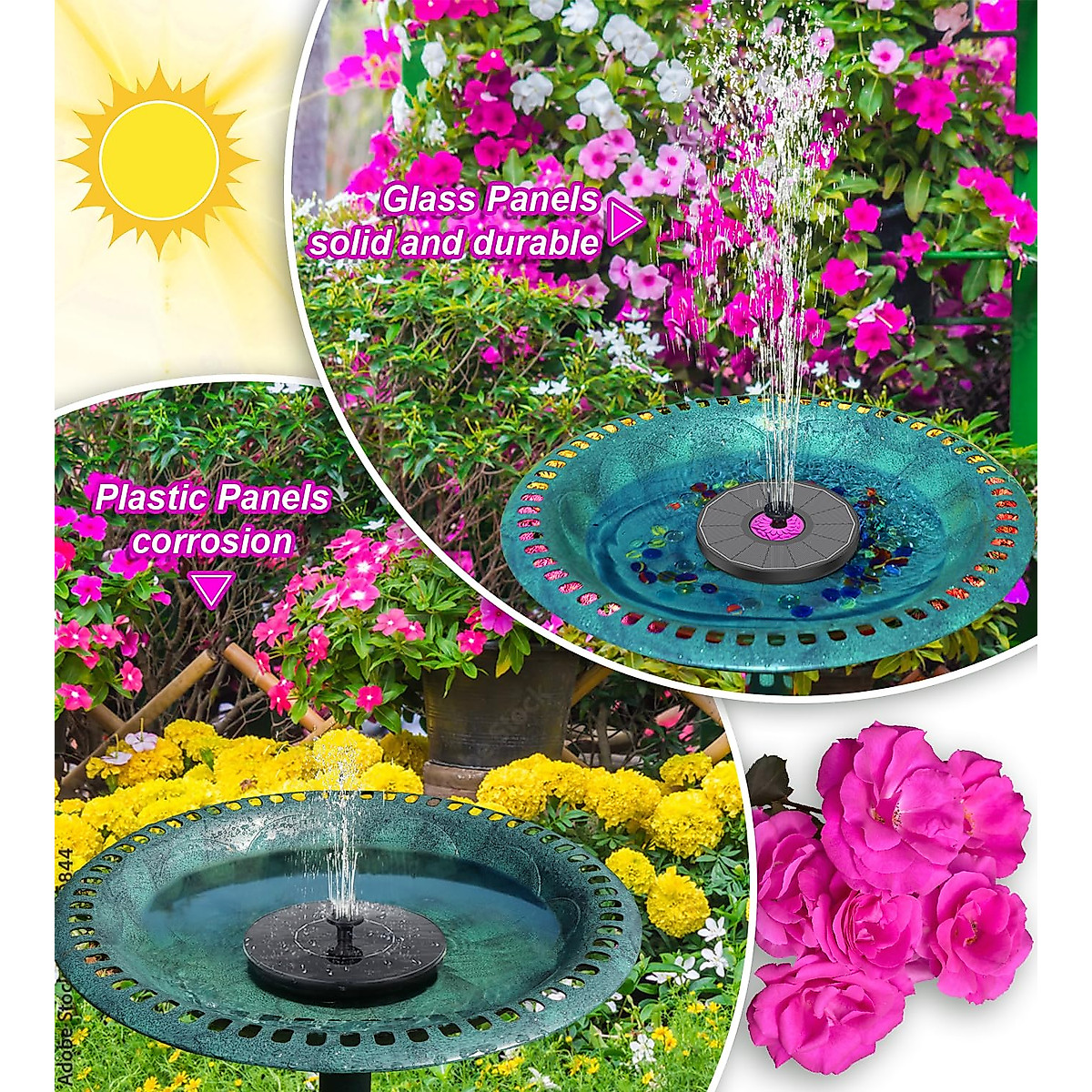 SZMP Solar Fountain 3.5W Bird Bath Fountains with Rosy Flower 2024 Upgraded 100% Glass Panel, Solar Powered Water Fountain with 7 Nozzles, Solar Fountain Pump for Pool, Pond, Garden, Outdoor (Black)