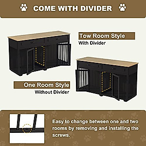 Large Dog Crate Furniture,Wooden Dog Crate Cage with Room Divider and 2 Drawer, Heavy Duty Dog Crate Kennel Furniture for Large and Medium Dog Indoor, Big Dog Crate with 2 Doors, Black