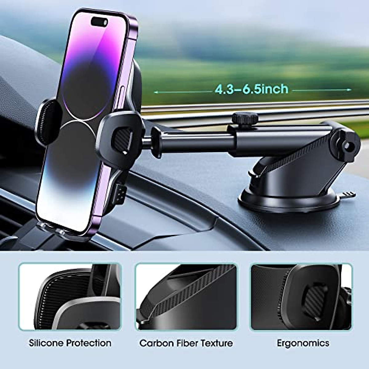 OBAZHA Car Cell Phone Holder Mount - 3in1 Car Cell Phone Holder for Dashboard, Air Vent, Windshield Compatible with iPhone, Samsung Galaxy and 4.7 to 6.9 inches Other Smart Phones