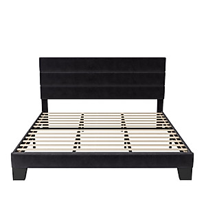 Allewie King Size Platform Bed Frame with Velvet Upholstered Headboard and Wooden Slats Support, Fully Upholstered Mattress Foundation/No Box Spring Needed/Easy Assembly, Black