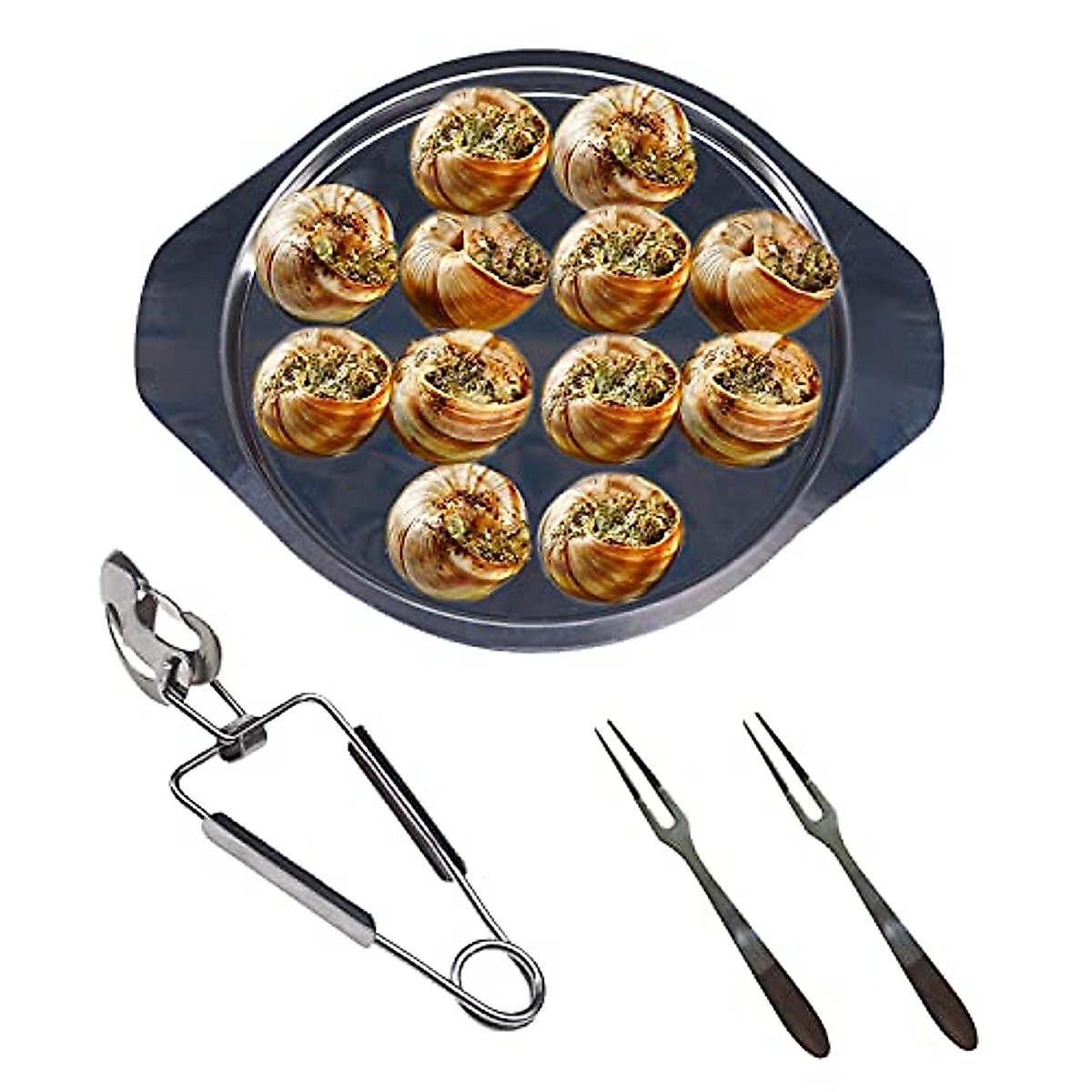 Proshopping 4 PCS Stainless Steel Snail Escargot Plate Set, Large Escargot Baking Dish Platter with Tong and 2 Forks, Round Mushroom Escargot Serving Tray, French Escargot Grill Pan, 12 Holes - (8.7")