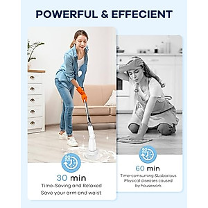 MABOGU Electric Spin Scrubber, Cordless Shower Scrubber with 8 Replaceable Brush Heads, Bathroom Scrubber Electric Dual Speeds, Shower Cleaning Brush with Extension Arm for Tub Tile Floor(Grey&White)