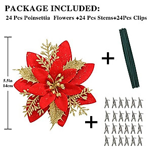 Veryhome 24pcs Poinsettia Christmas Decorations, 5.5 Inch Artificial Poinsettia Flowers Heads, Red Glitter Ornaments for Christmas Tree Decorations (Red)