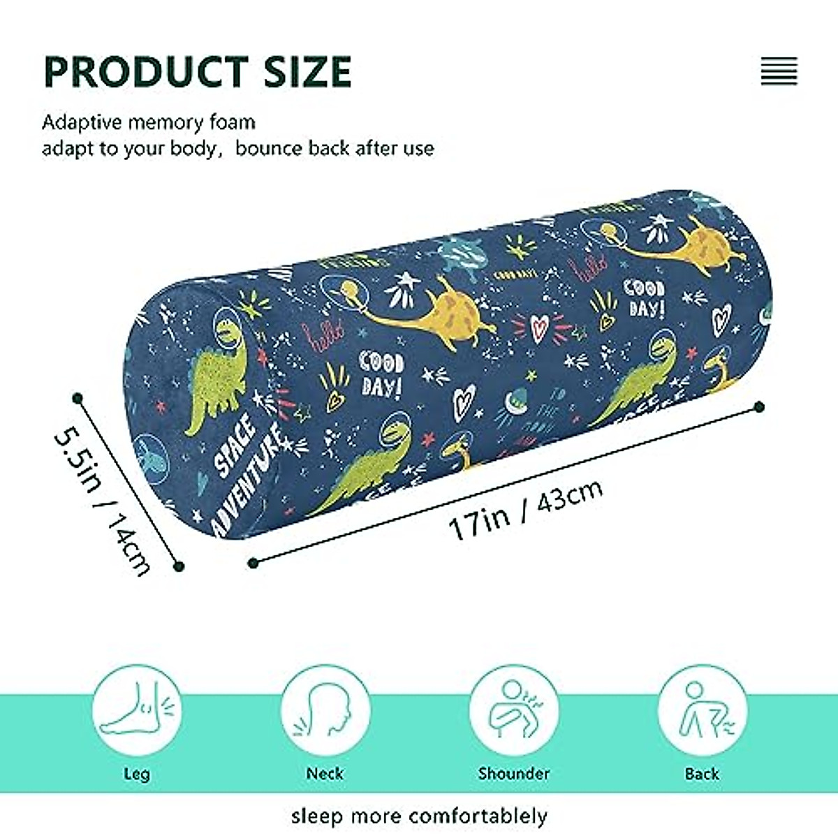 Vnurnrn Space Adventure Dinosaurs Neck Support Pillow Round Neck Roll Bolster Cylinder Pillow Cervical Pillows Arm Pillow for Leg Knee Back Head Support for Work Men Women Bed