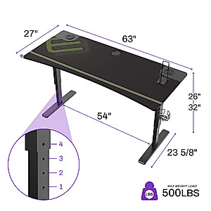 It's_Organized 63 Inch Large Height Adjustable Gaming Desk, Black Home Office PC Computer Manual Standing Curved Edge Table Gamer Workstation with Handle Rack Cup Holder Headphone Hooks Full Mouse Pad