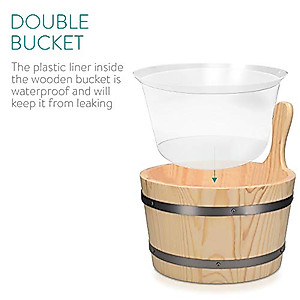 Navaris Wooden Sauna Bucket with Ladle - Essential Spa Accessory for Steam Room with 1.3 Gallon Pine Wood Bucket, Plastic Liner, Ladle, Sand Timer