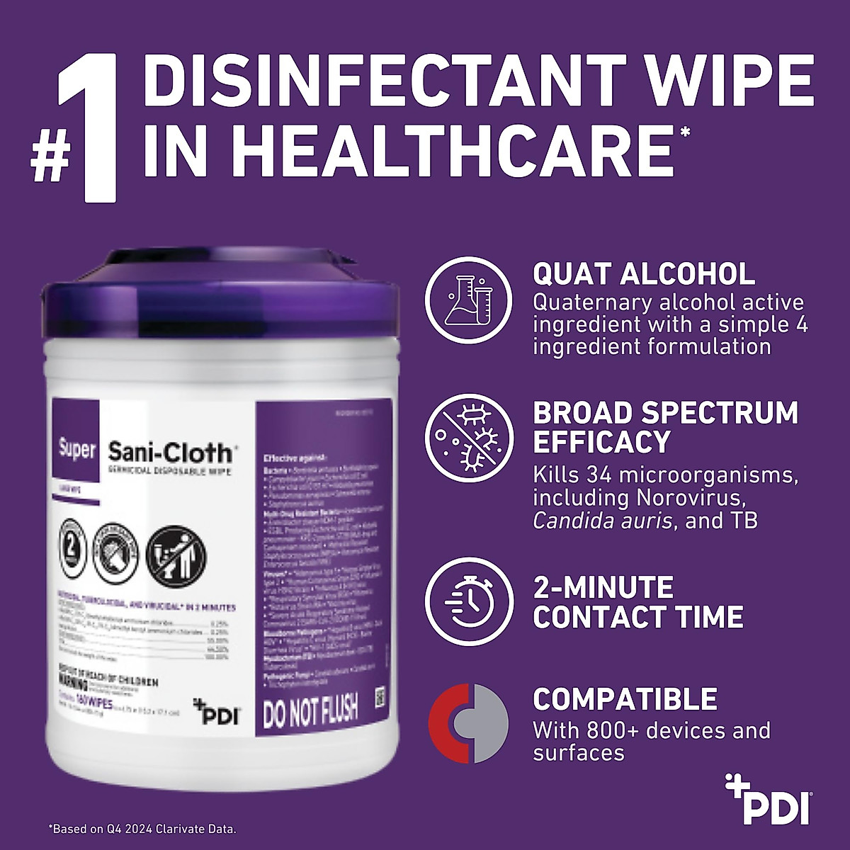 PDI-Q55172 Professional Disposables Surface Disinfectant Super Sani-Cloth Wipes, 160 Count - Purple