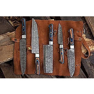 Custom Handmade Damascus Steel 5 pcs Professional Kitchen Chef Knife Set with 5 Pocket Case Chef Knife Roll Bag/Brown & Blue Dollar Sheath