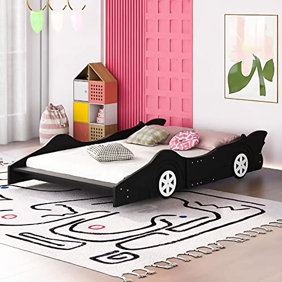 Zaboro Full Size Race Car-Shaped Platform Bed for Children, Solid Wood Bed Frame with Safety Rails and Wheels, Modern Low Bed with Sturdy Slats Support for Boys and Girls, No Box Spring Needed, Black