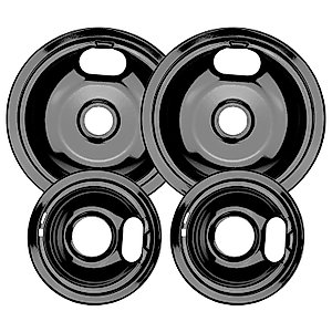 W10290350 W10290353 Black Porcelain Burner Drip Pans By AMI PARTS - Replacement for Whirl-pool Electric Range Cooktop - Includes 2 8-Inch and 2 6-Inch Pans