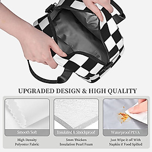 Bagea-Ka Black White Race Checkered Flag Pattern Lunch Bag for Women Men Insulated Reusable Lunch Box Cooler Tote Bag with Removable Shoulder Strap for Office Work School Picnic Beach