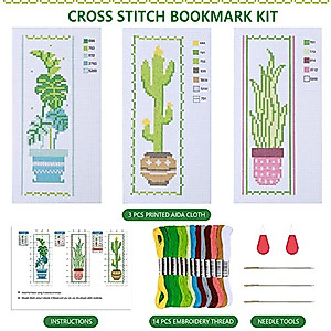 Caydo 3 PCS Cross Stitch Bookmark Kits, Stamped Embroidery Bookmark Kit for Kids Adults Beginner, DIY Counted Crossstitch Christmas Gift for Book Lovers(Green Plants)