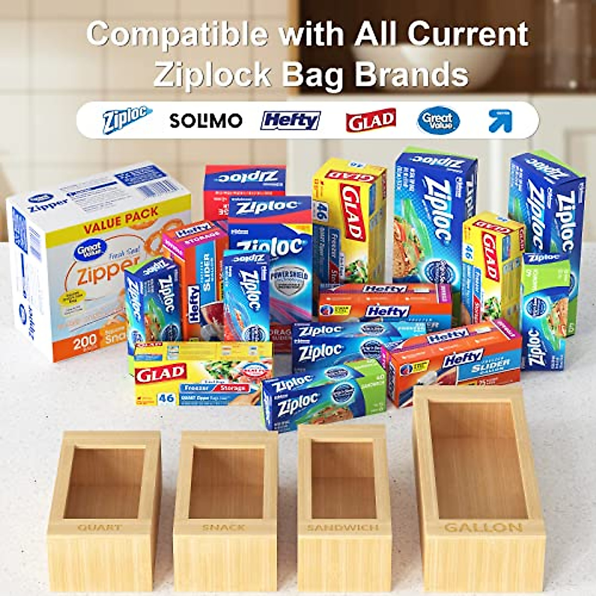 Migarndy Ziplock Bag Storage Organizer, Moso Bamboo Ziplock Bag Organizer for Drawer, Suitable for Gallon, Quart, Sandwich, Snack, Slider Bags, Compatible with Ziploc, Solimo, Glad, Hefty (Bamboo)