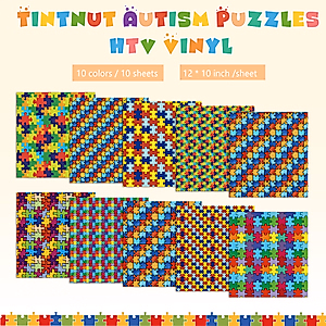 Tintnut Puzzle Pieces Heat Transfer Vinyl - 10 Sheets 10x12 Inch Autism Awareness Puzzles Craft Cutter HTV Vinyl Rainbow Color Pattern Printed Iron on Vinyl for Silhouette Cameo or Cricut