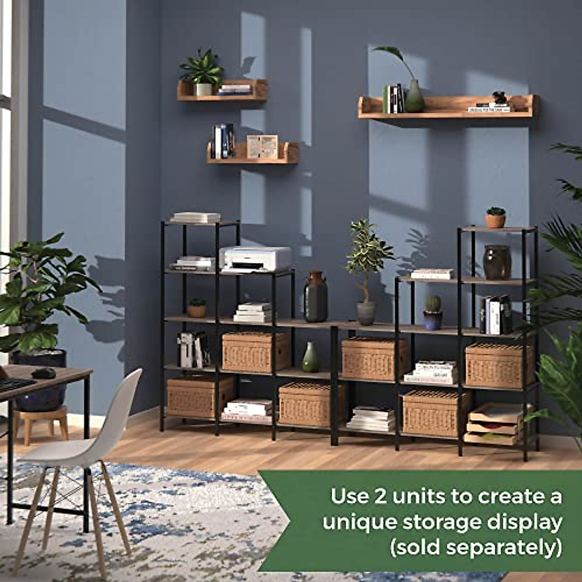 ClosetMaid Ladder Step Bookcase, 5 Tier, 7 Shelves, Display Shelf for Living Room or Office, Industrial Black Metal and Wood, Weathered Gray