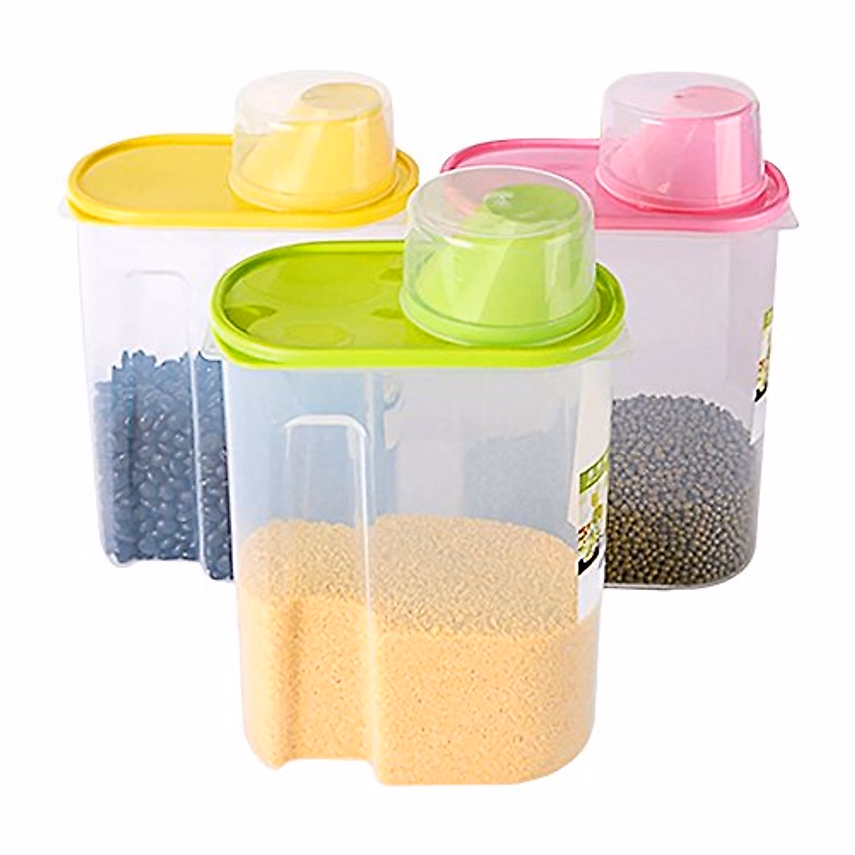 Basicwise Large BPA -Free Plastic Food Saver, Kitchen Food Cereal Storage Containers with Graduated Cap, Set of 3, Pink, Green, and Yellow, QI003216.3L