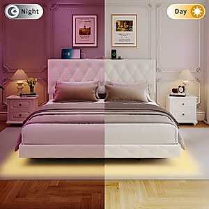 Full Size Lift Up Storage Bed Frame with Led Lights & Charging Station, Floating Bed Frame, Velvet Upholstered High Headboard Bed Frame, Hydraulic Storage/Innovative Stable Structure/Easy Assembly