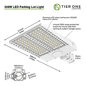 300W LED Parking Lot Light with Dusk to Dawn Photocell Adjustable Slip Fitter Mount LED Shoebox Light for Tennis Court Parking Lot Roadways ETL Certified 0-10V Dimmable 5000K 42000LM White 1PACK