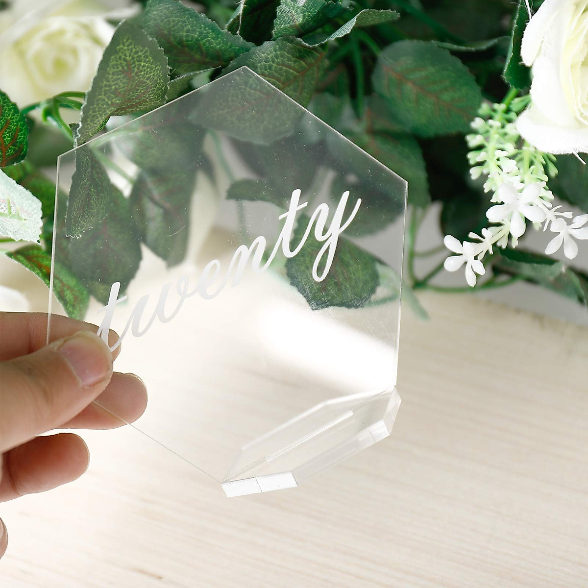HighFree Hexagon Acrylic Table Numbers 1-20 with Stand - Printed Calligraphy Place Cards, Clear Acrylic Table Numbers for Wedding Reception, 4x4.5 inch, Set of 21