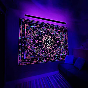 AEFPOYMXU Burning Sun Moon Tapestry Aesthetic Tapestry for Bedroom Black Light Wall Tapestry Boho UV Reactive Posters Wall Hanging Bedroom Living Room Hippie Tapestry(59 × 51 inch)