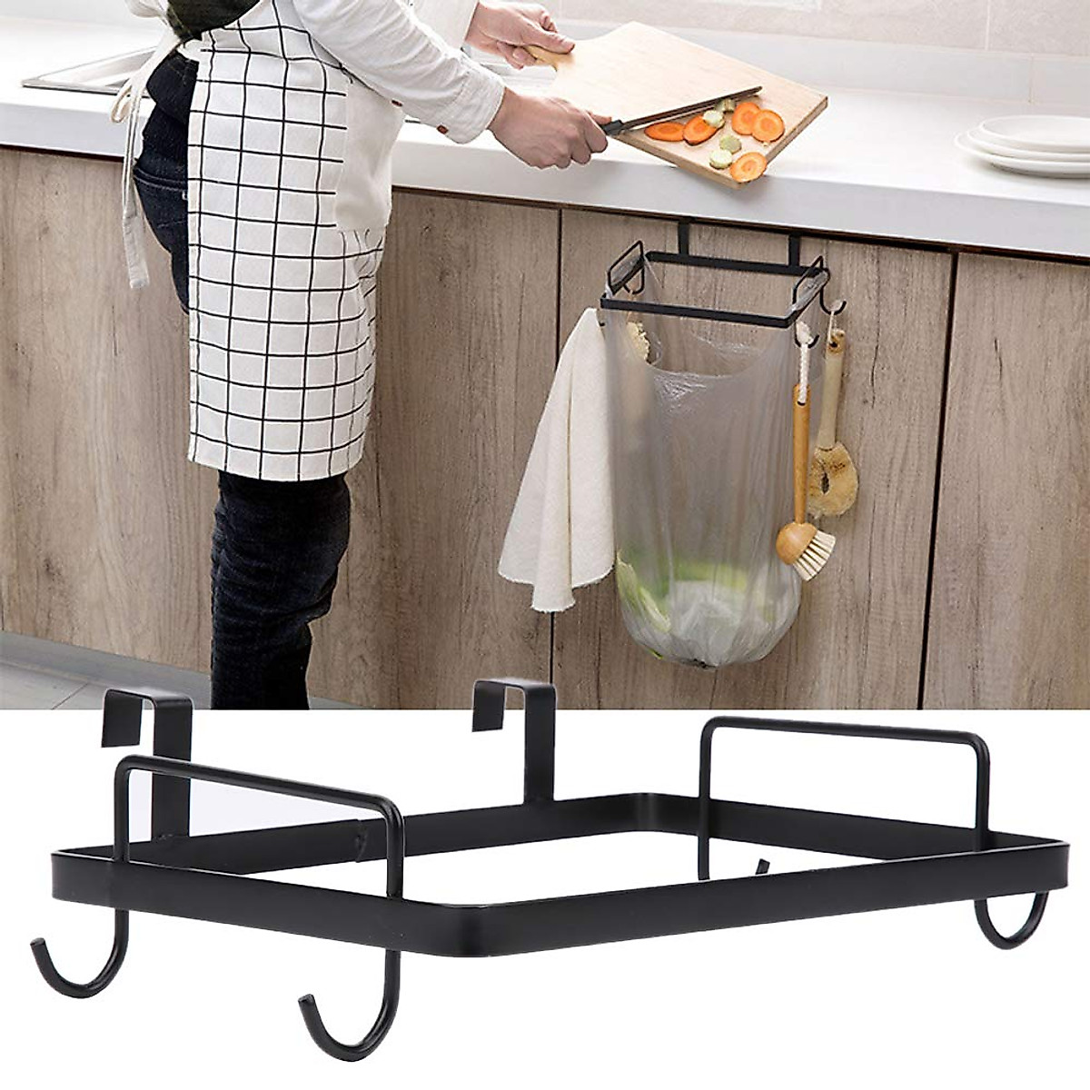 Jiawu Trash Storage Holder, Trash Bag Rack Hanging Trash Bag Holder Iron Hook Designed for Household Kitchen Cabinets Doors and Cupboards(Black)