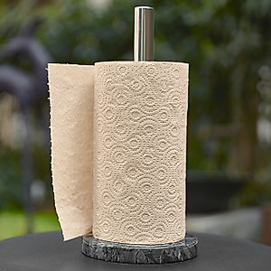 Koja Natural Black Marble and Stainless Steel 12.5” Paper Towel Holder with No-Slip 6” Base. Stylish Modern Design to Enhance Any Kitchen and Impress Your Friends and Guests.