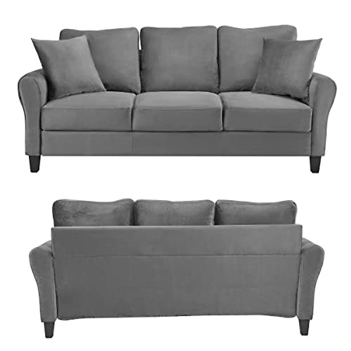 PEIHONGET 78.35" Mid-Century Modern Living Room Sofa 3 Seater Velvet Sofa Couch with 2 Pillows Armrest and Wood Legs for Bedroom, Apartment, Dorm, Office (Gray)