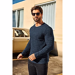 COOFANDY Mens Fitted Long Sleeve Shirt Knit Crew Neck Hispter Fashion Workout T Shirt Navy Blue