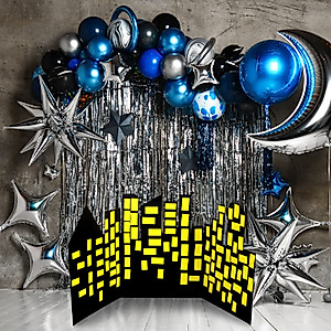 City Skyline Backdrops Hero Backdrop with 2 Pcs Yellow Stickers DIY Hero Background for Kid Backdrop City Skyline Buildings Photography Background Hero Birthday Party Decor Supplies Baby Shower