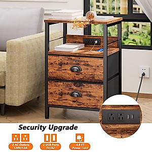 Furologee End Table with Charging Station, Nightstand with Fabric Drawers, Side Table with USB Ports & Outlets, Night Stand with Storage Shelf & Hooks, for Living Room/Bedroom, Rustic Brown