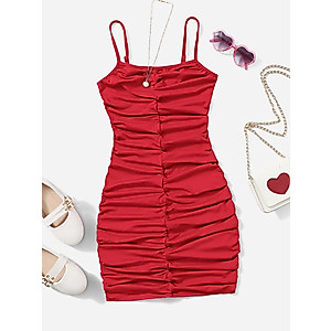 SweatyRocks Girl's Spaghetti Strap Solid Ruched Slim Fitted Cami Short Dress Red 12-13Y