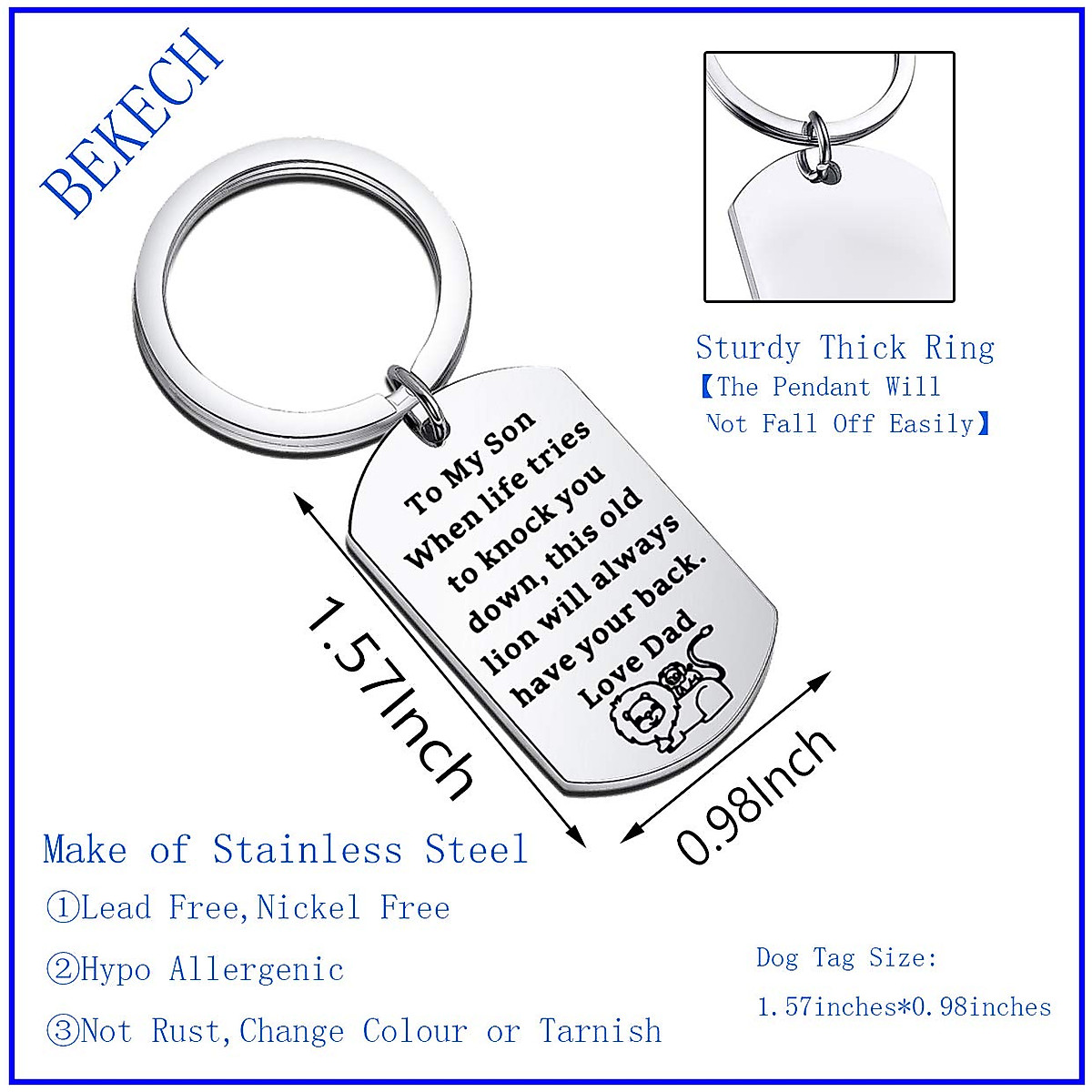 BEKECH Inspirational Keychain Gifts to My Son This Old Lion Will Always Have Your Back Dog Tag Keychain Son Gifts from Dad for Graduation Birthday (silver)