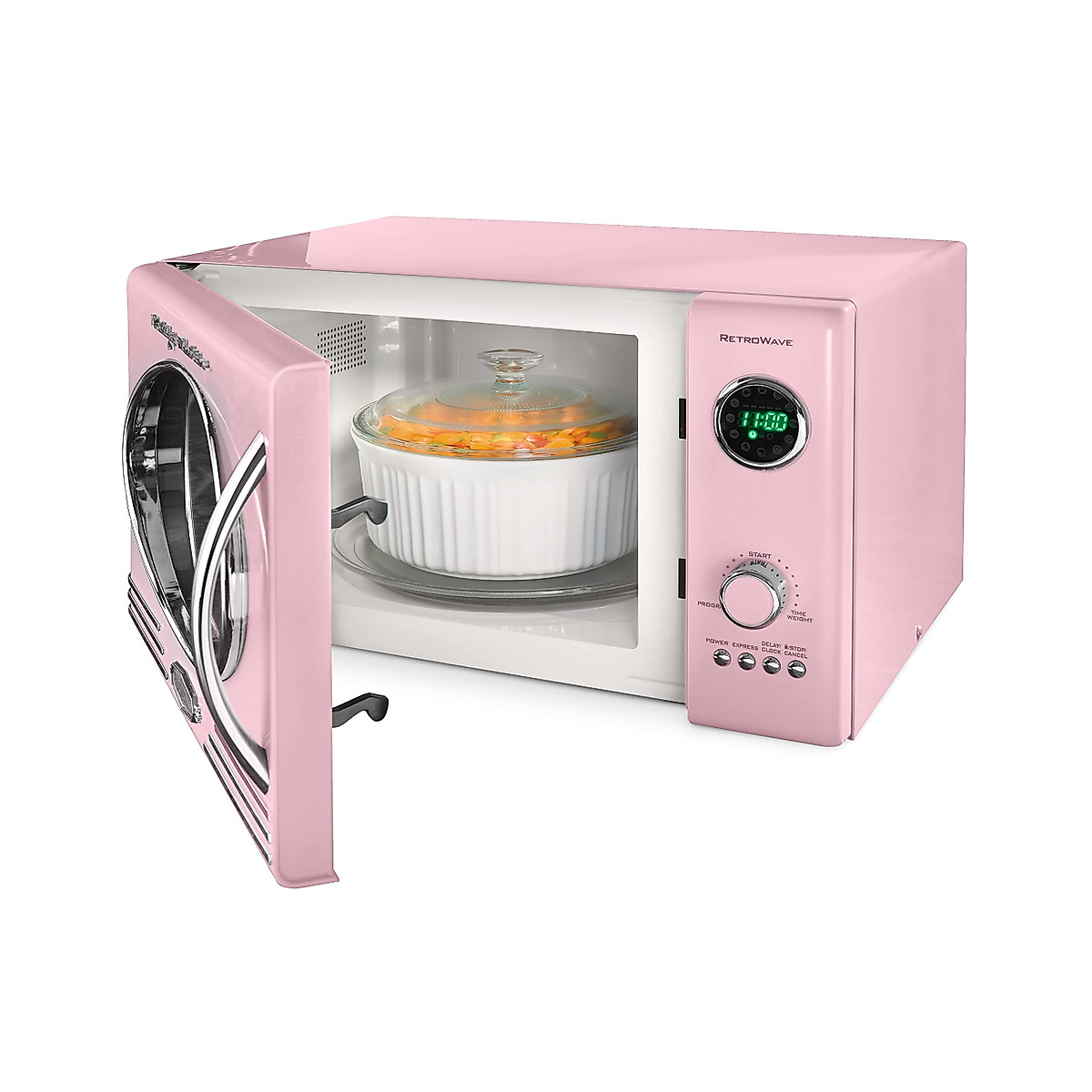 Nostalgia Retro Countertop Microwave Oven + GreenLife Soft Grip Healthy Ceramic Nonstick 16 Piece Kitchen Cookware Pots and Frying Sauce Saute Pans Set