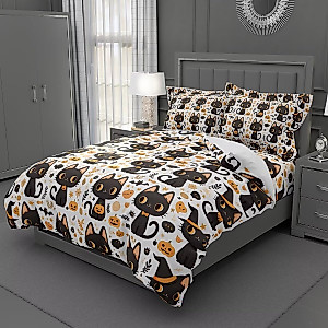 Lokaluo 3D Printed Duvet Cover Twin Size Pumpkin Lights Ghost Cat Star Bat Twin Duvet Cover Set for Kids Adults Ghost Festival Themed Bedding Sets Halloween 3 Pcs Comforter Cover with 2 Pillowcases