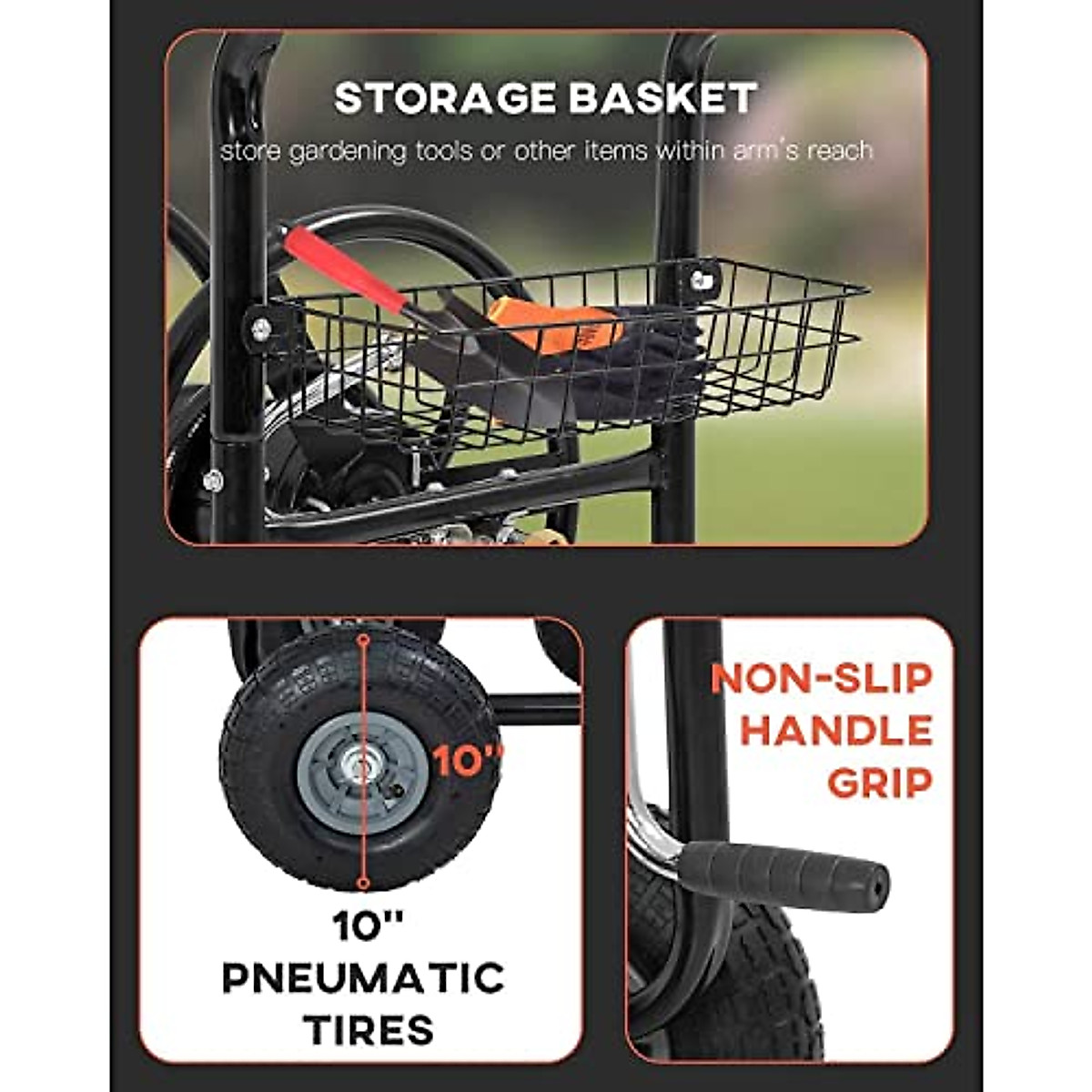 Garden Hose Reel Cart with Wheels for Outdoor Holds 300-Feet of 5/8-Inch Hose Yard Water Planting Truck w/Storage Basket, Heavy Duty Metal Garden Lawn Water Truck 4 Wheels, Black